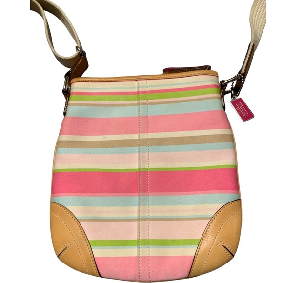 Coach | Bags | Coach Pink Cream Multicolor Striped Canvas Crossbody Tan ...